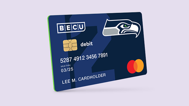 The Seattle Seahawks Debit Card on a light purple background.