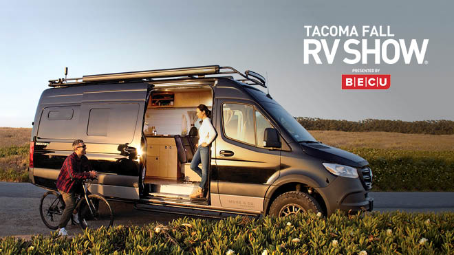 A man and a woman by their RV. Tacoma Fall RV Show logo. Presented by ...